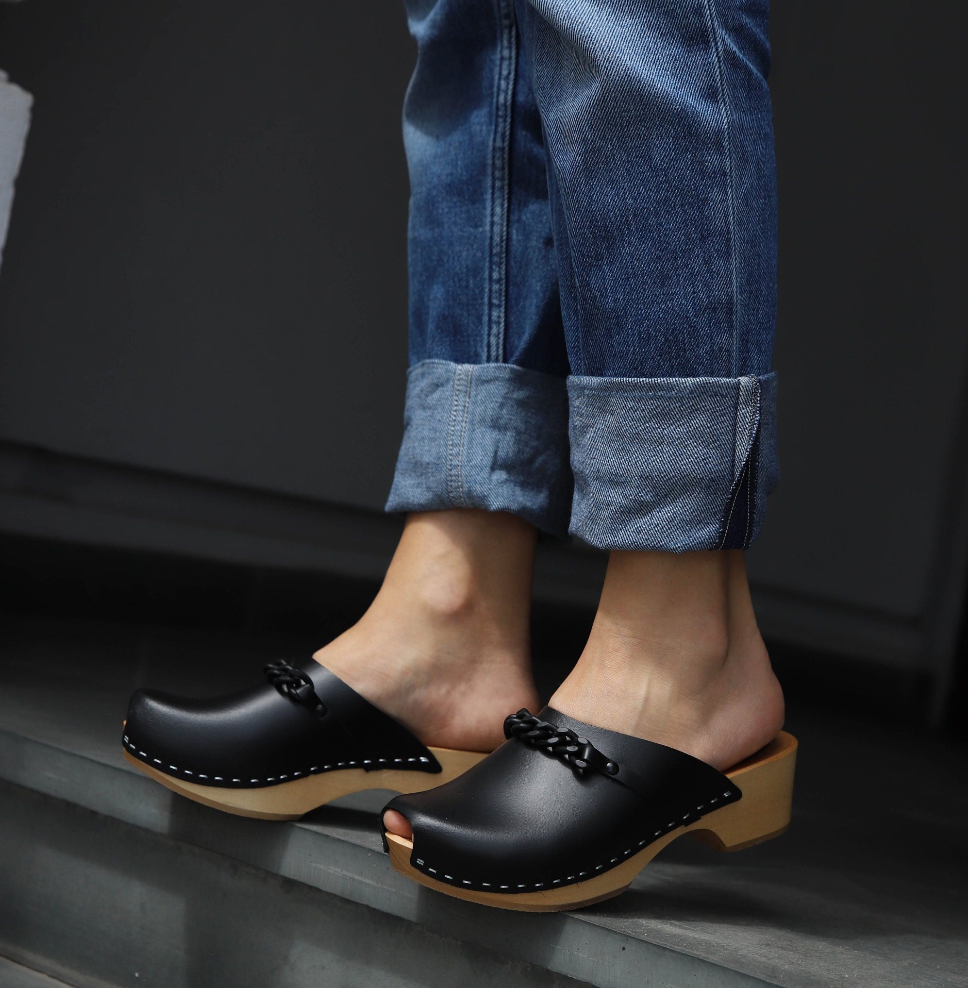 Leather Clogs With Chain by Kulikstyle Swedish Wooden Clogs | Etsy UK