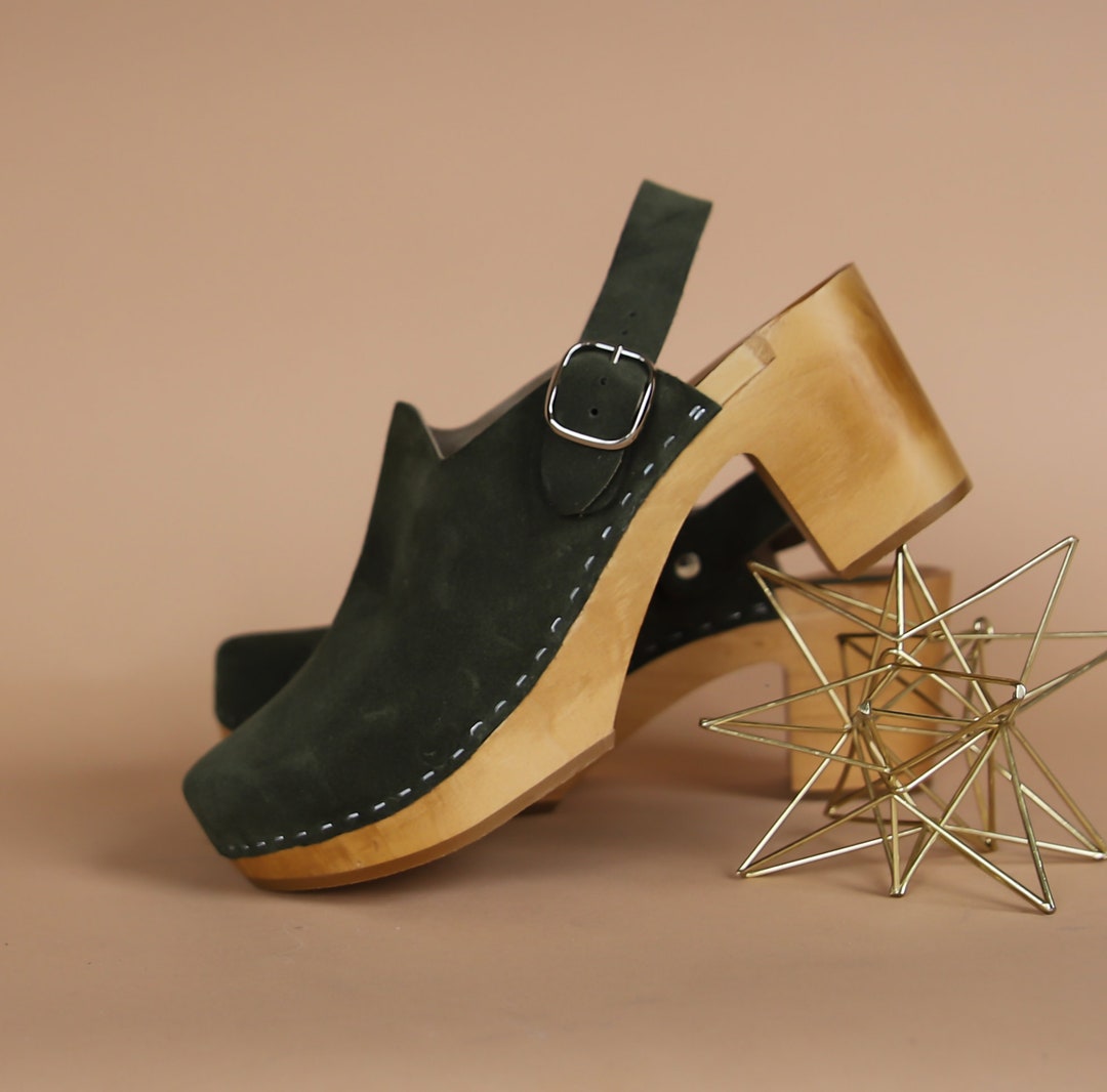 Green Clog Sandals With Strap, Wooden Swedish Clogs, Handmade Slingback ...
