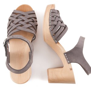 Gray Leather Clogs, Wooden Swedish Clogs, Mules for Her, Boho Sandals ...