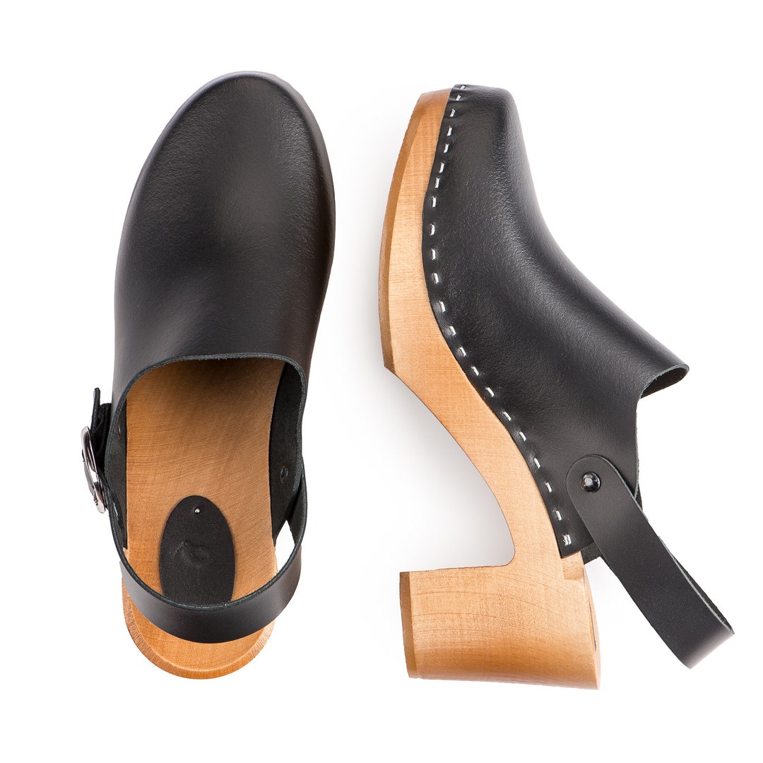 Black Leather Wooden Clogs With Clips, Swedish Clogs Shoes, High Heel ...