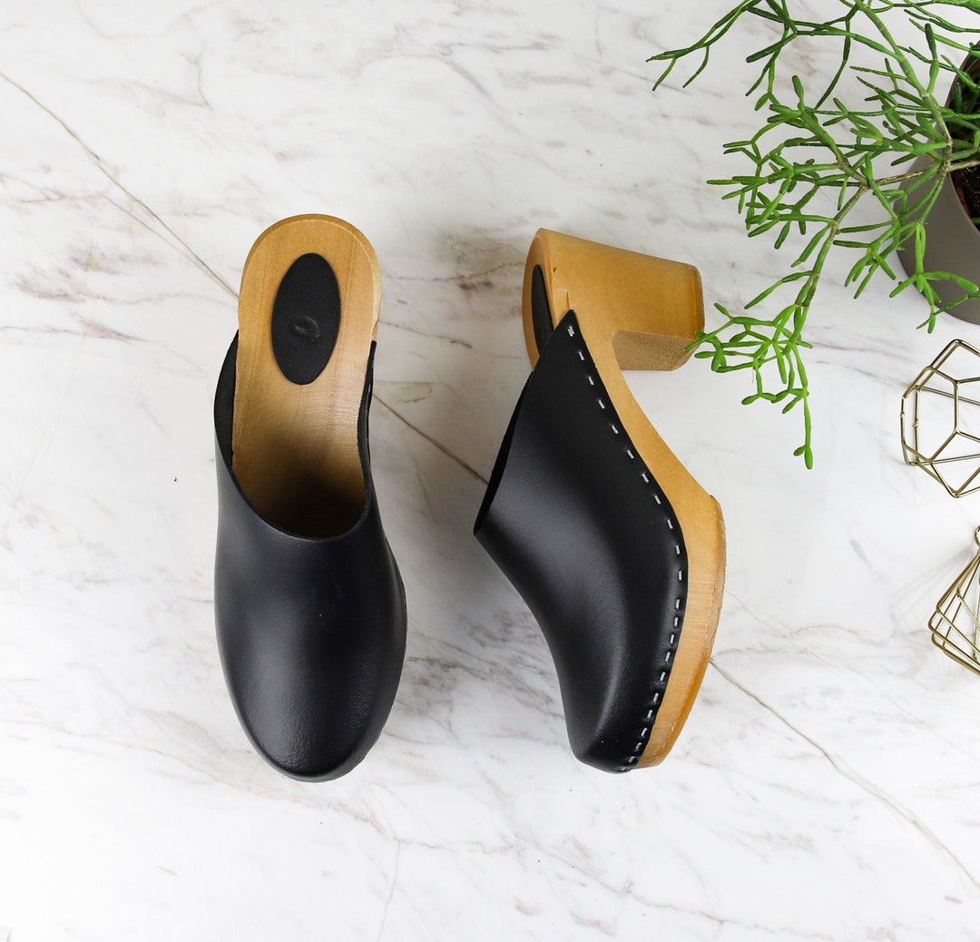 Black Leather Clogs by Kulikstyle | Handmade Wooden Clog Sandals | High ...