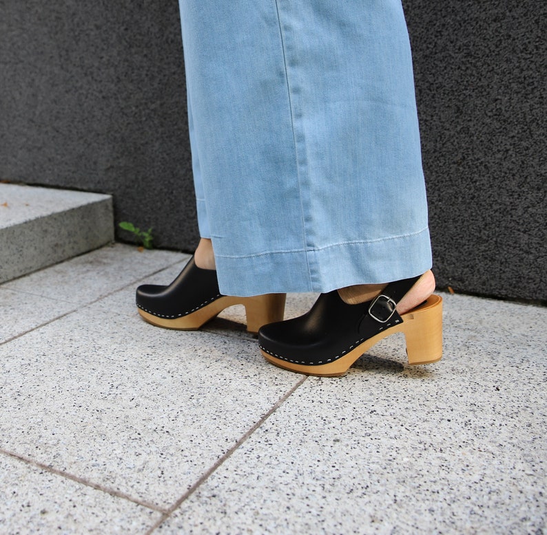 Black Leather Wooden Clogs With Clips, Swedish Clogs, Leather Shoes and ...