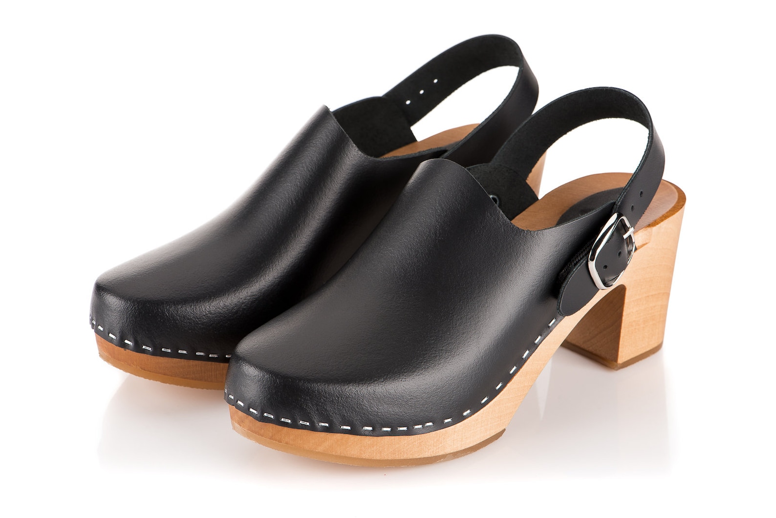 Black Leather Wooden Clogs With Clips, Swedish Clogs Shoes, High Heel ...