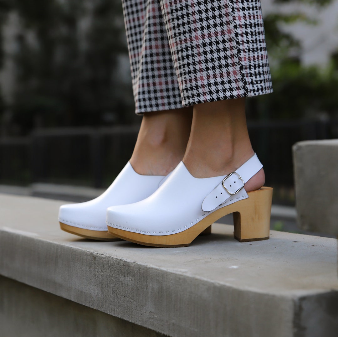 SALE - 25% off White Leather Wooden Clogs With Clips, Handmade Swedish ...