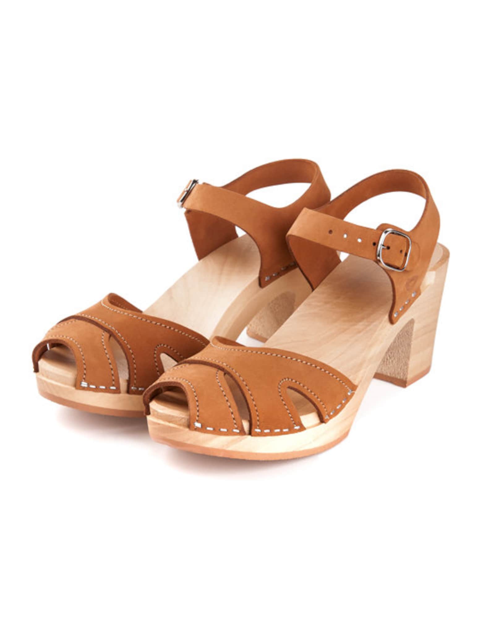 Brown Leather Clogs With Straps, Boho Wooden Clogs, High Heel Swedish ...