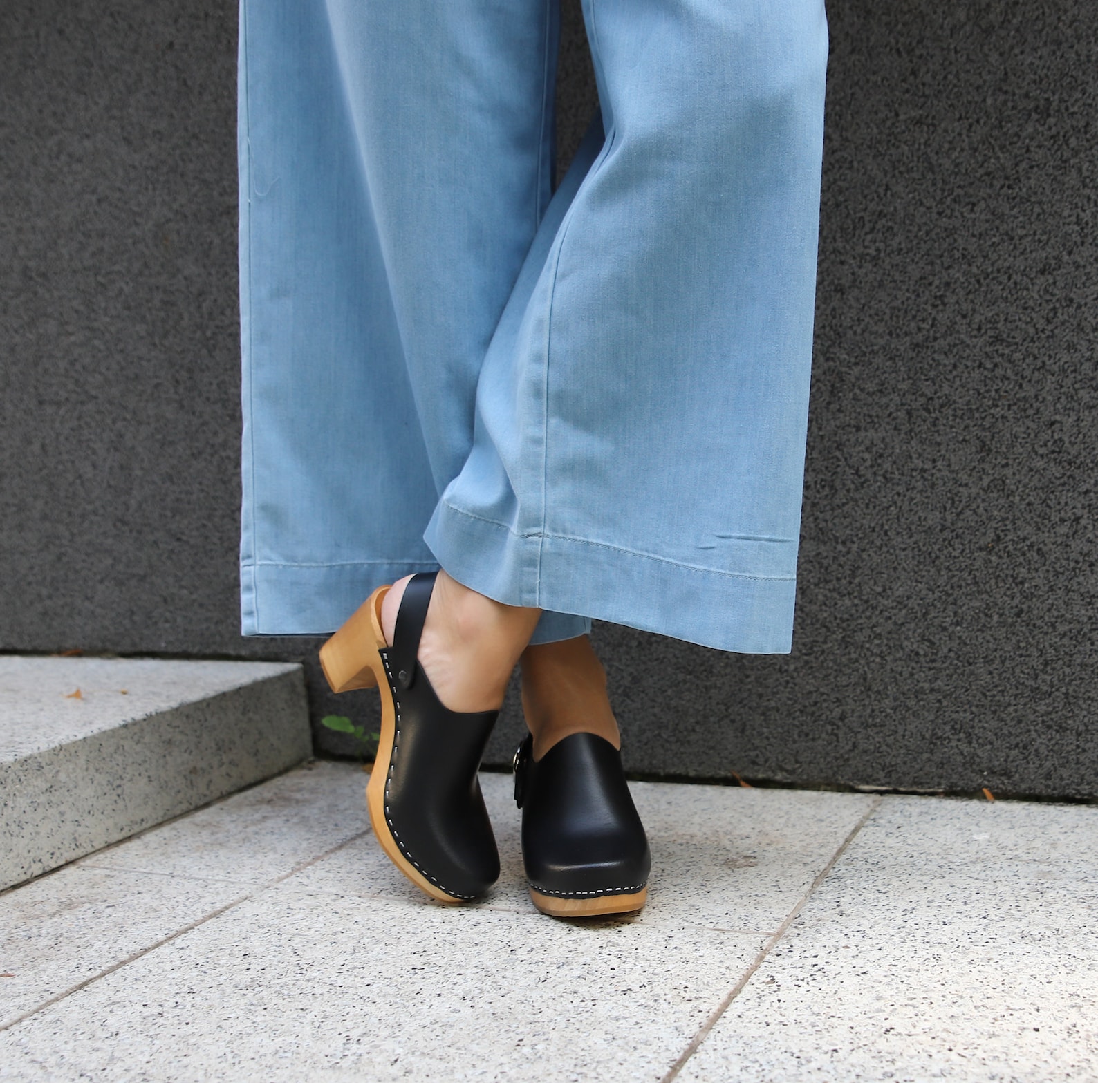 Black Leather Wooden Clogs With Clips, Swedish Clogs, Leather Shoes and ...
