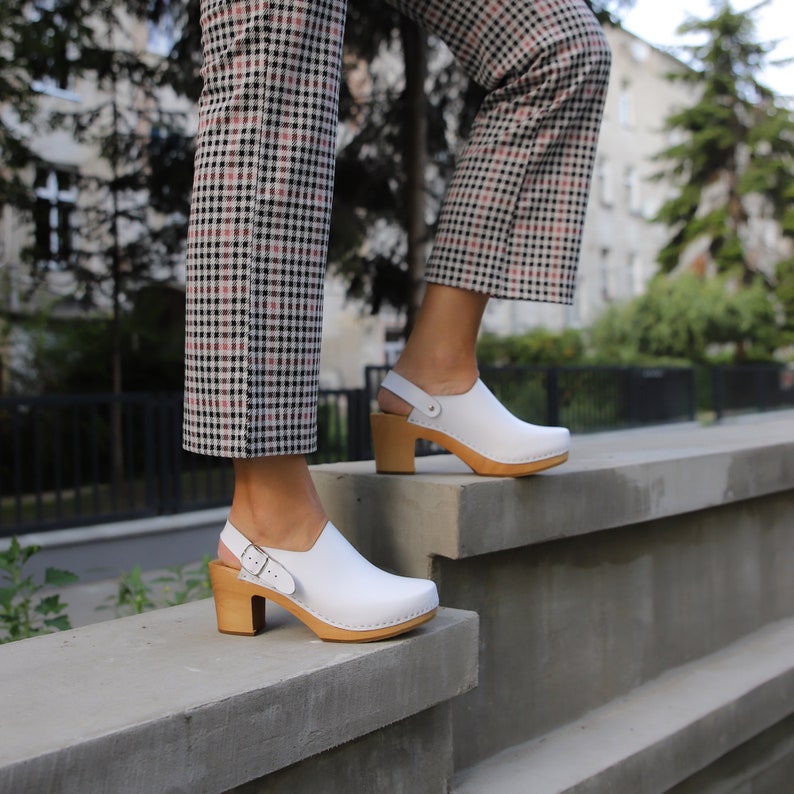 SALE - 25% off White Leather Wooden Clogs With Clips, Handmade Swedish ...