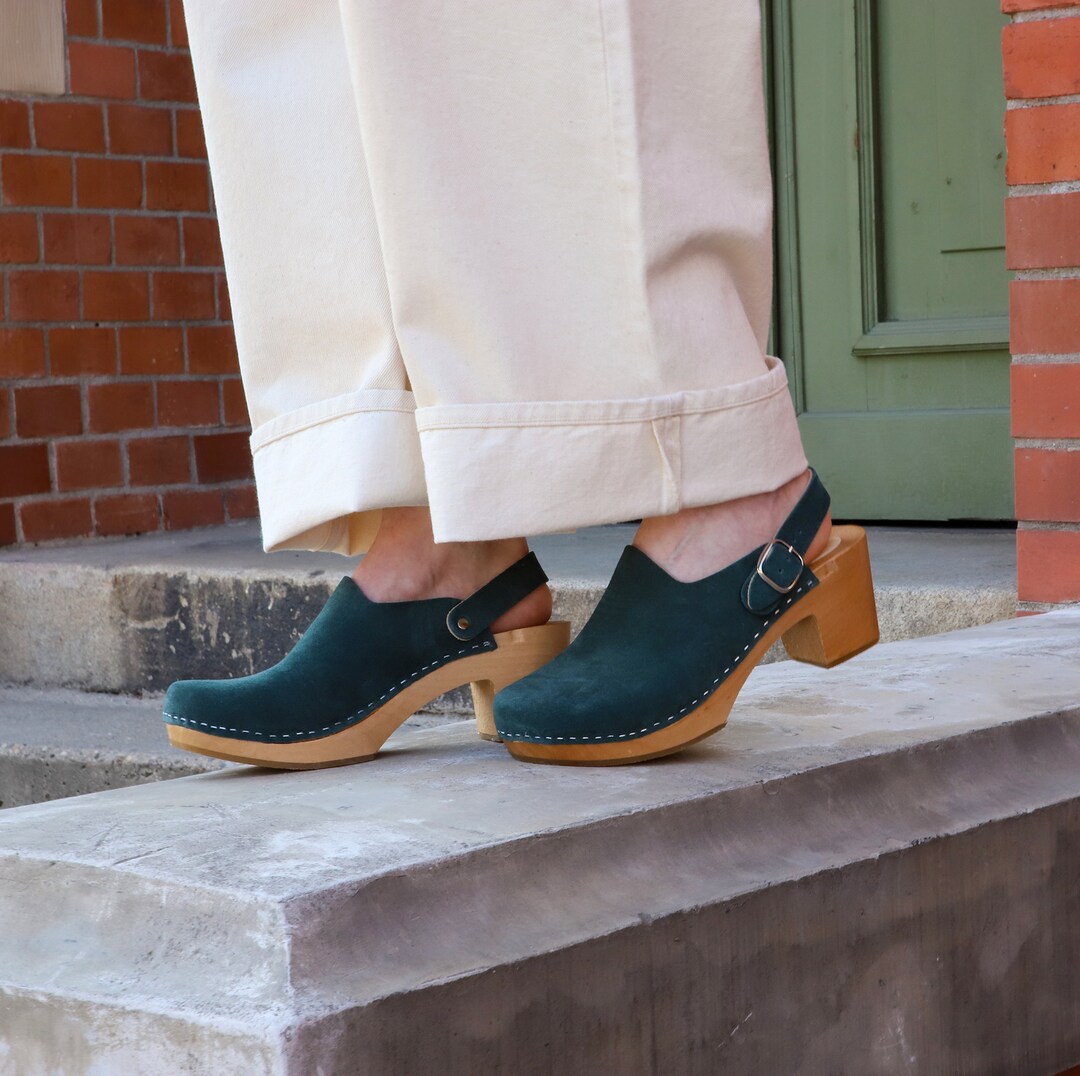 Green Boho Clogs With Straps, Wooden Swedish Clogs, Handmade Slingback ...