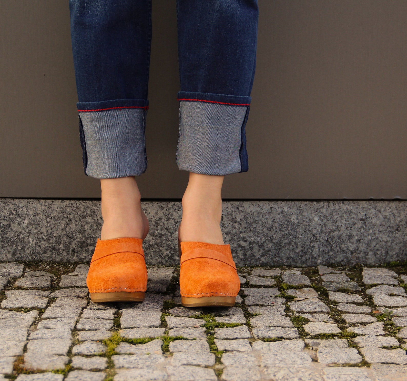 Leather Mules for Her Orange Wooden Platform Shoes Handmade - Etsy