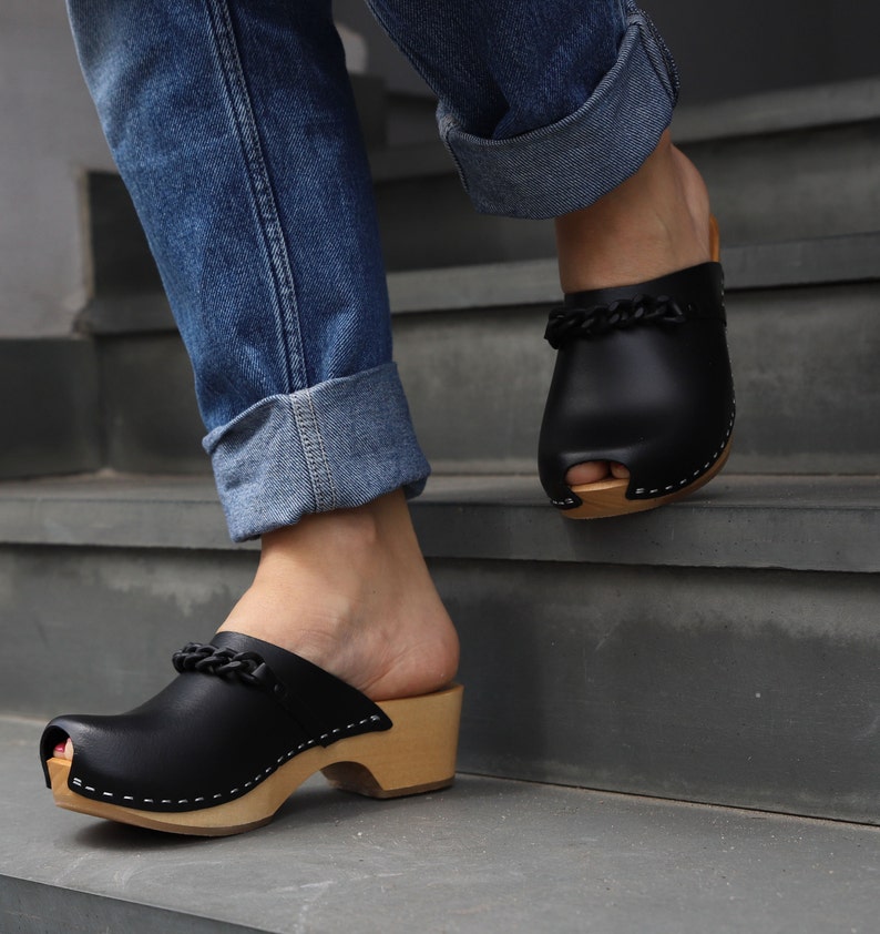 Leather Clogs With Chain by Kulikstyle Swedish Wooden Clogs | Etsy UK