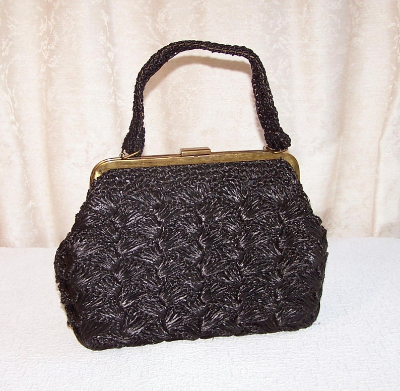 Vintage Black Wicker Handbag Made of Artificial Raffia With - Etsy