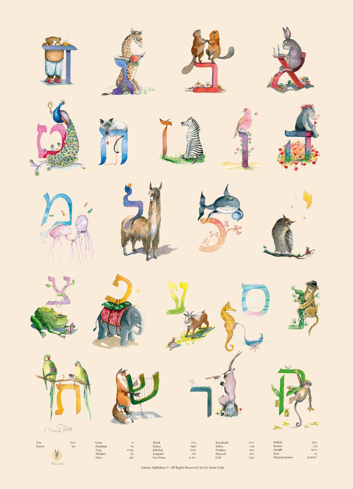 Hebrew Letters Poster, Free Shipping, Aleph Bet Animals, Alphabet ...