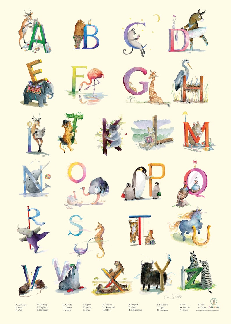 English Animal Alphabet Poster - Etsy Australia