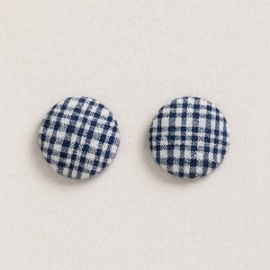 Navy & White Gingham Fabric Button Earrings – Handmade Lightweight ...