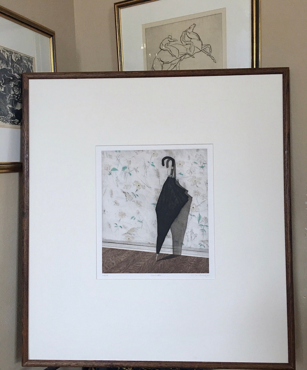 K B Hwang Umbrella Large Mezzotint 1982 #74/150 Frame 29 1/2" W X 33" H ...