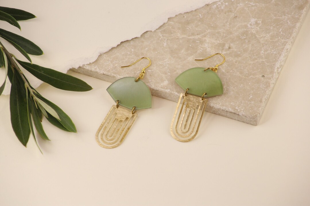 Jade Brass Art Deco Acrylic Gold Plated Fan Drop Earrings | Geometric ...