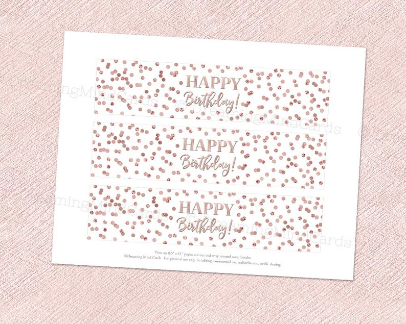 Printable Water Bottle Labels Happy Birthday Rose Gold Confetti Instant ...