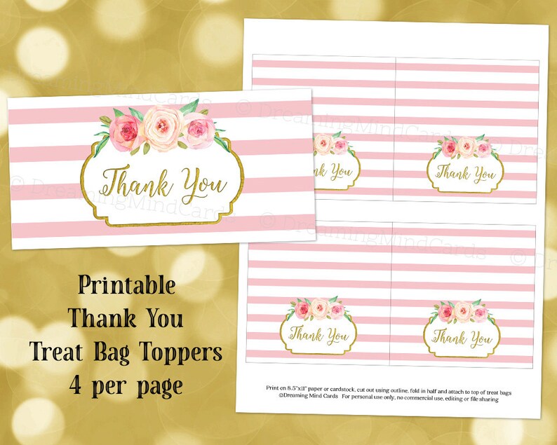 Printable Thank You Treat Bag Toppers Pink Stripes Watercolor - Etsy