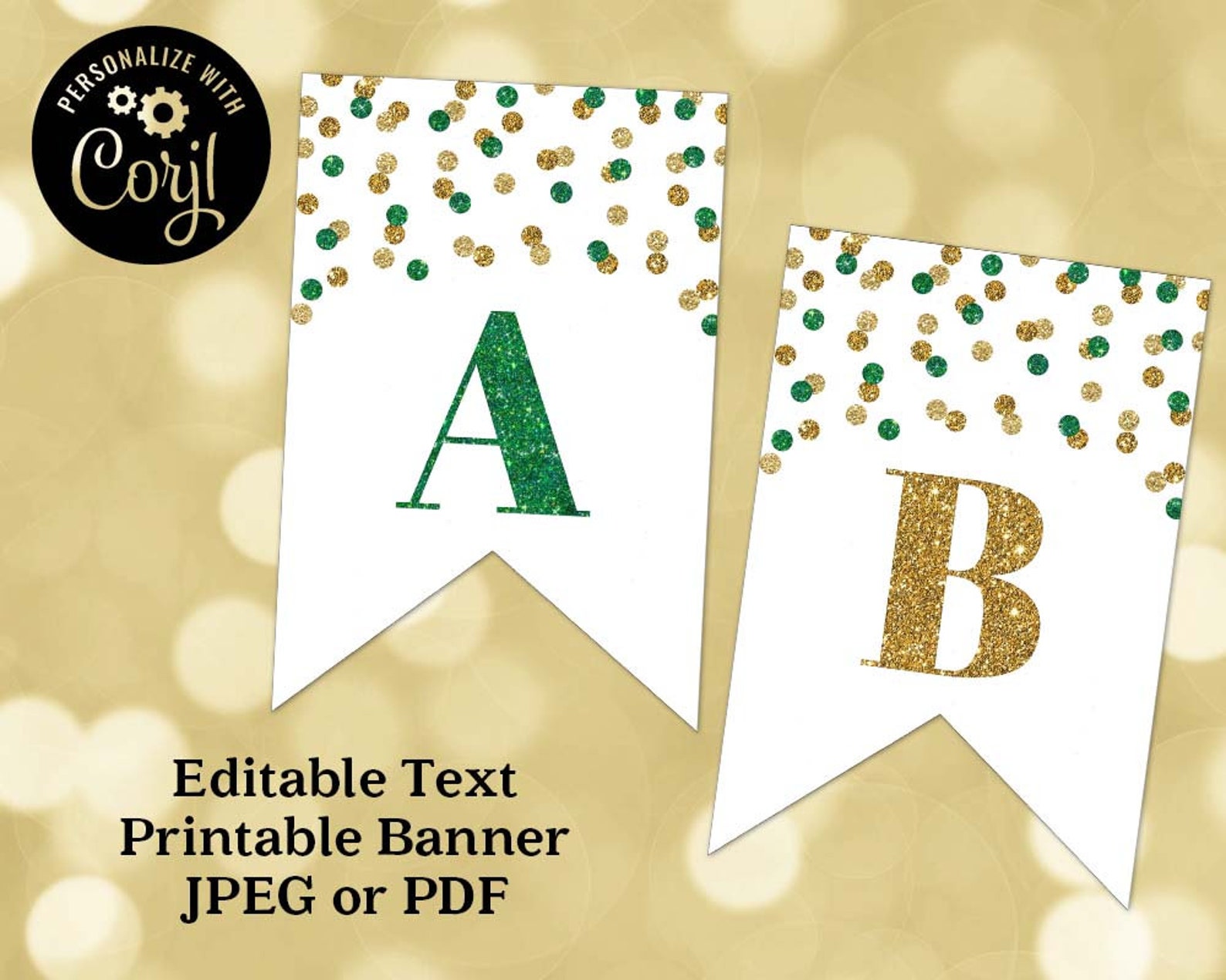 Printable Editable Text Banner Green and Gold Confetti Digital - Etsy