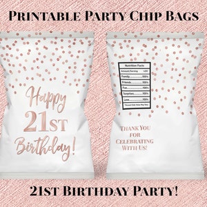 Printable Mini Chip Bag Happy 21st Birthday Rose Gold Confetti Digital ...