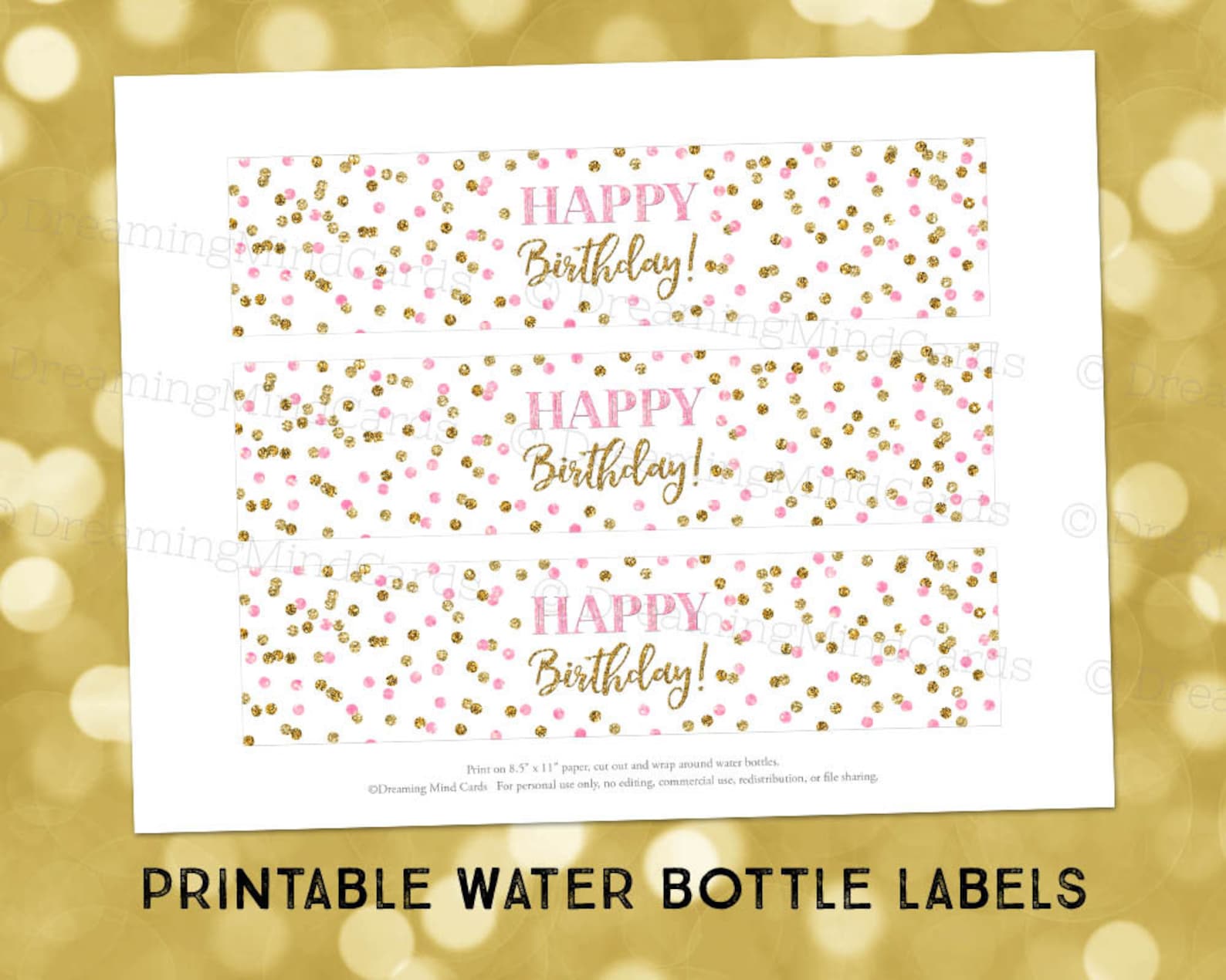 Printable Water Bottle Labels Happy Birthday Light Pink Gold Confetti ...