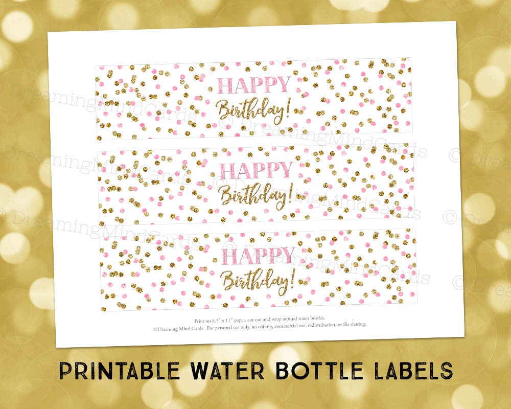 Printable Water Bottle Labels Happy Birthday Light Pink Gold Confetti ...
