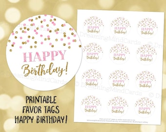 Printable Happy Birthday Round Tags Rainbow Confetti Instant | Etsy