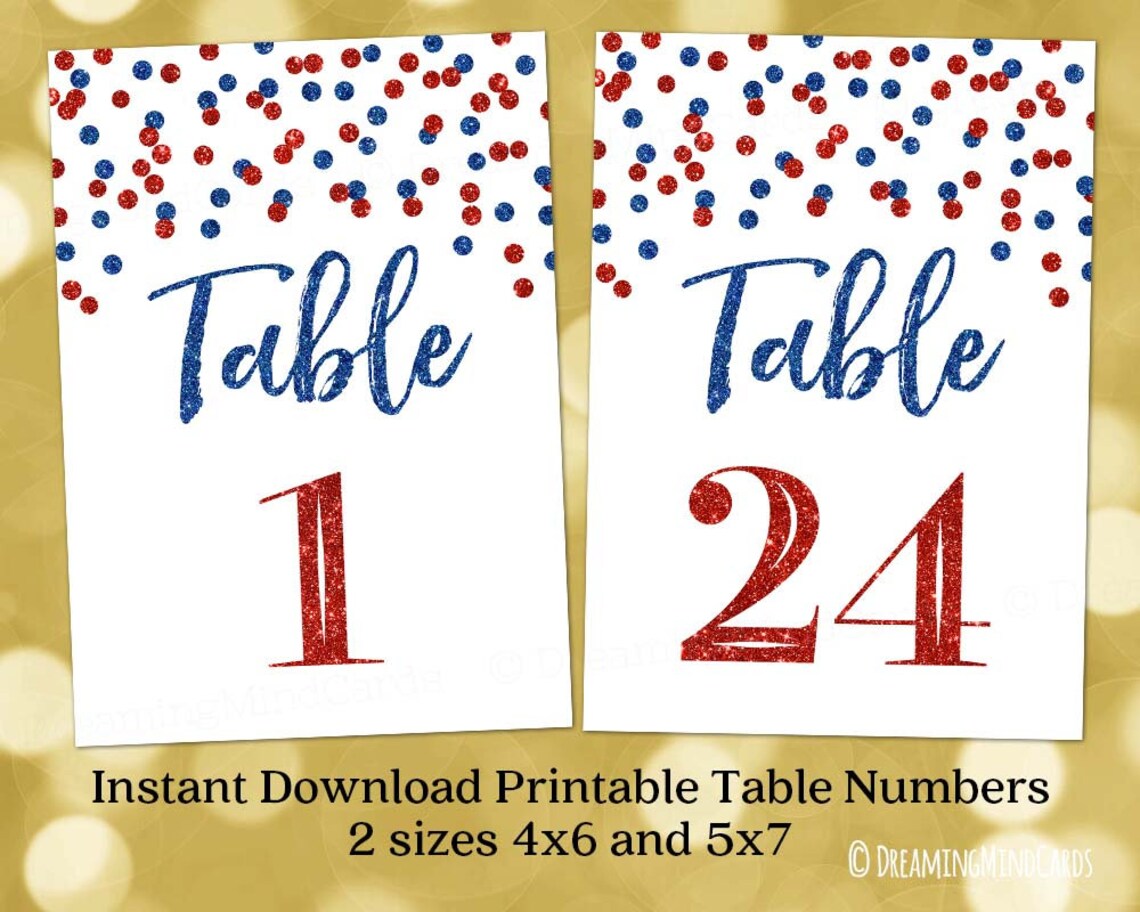 Printable Table Number Cards 1 to 24 Red White and Blue Confetti 4x6 ...