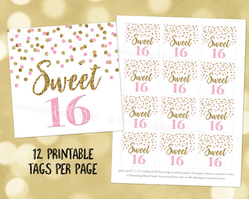 Printable Sweet Sixteen Favor Tags Pink Gold Confetti for 16th Birthday ...