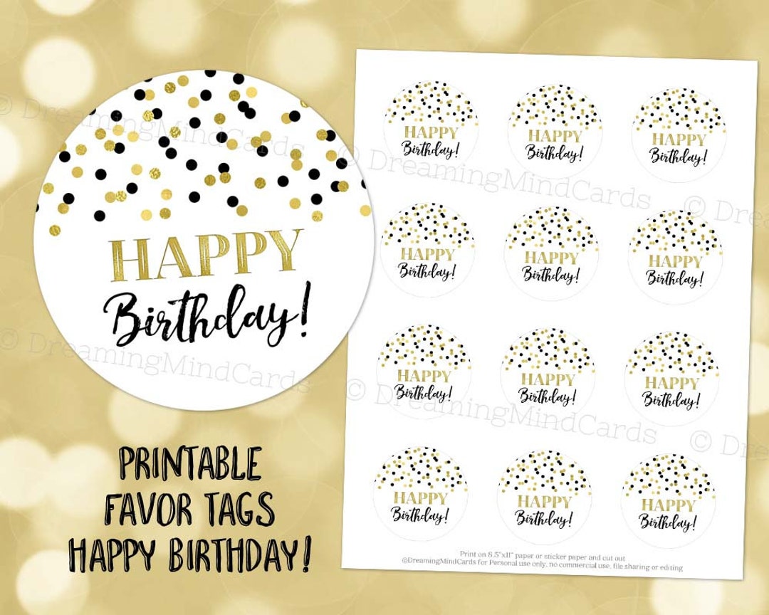 Printable Happy Birthday Round Tags Black Gold Confetti Instant Digital ...