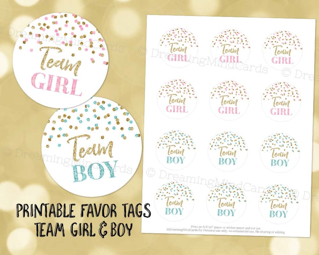 Printable Team Girl and Team Boy Stickers Gold Pink Blue Confetti ...