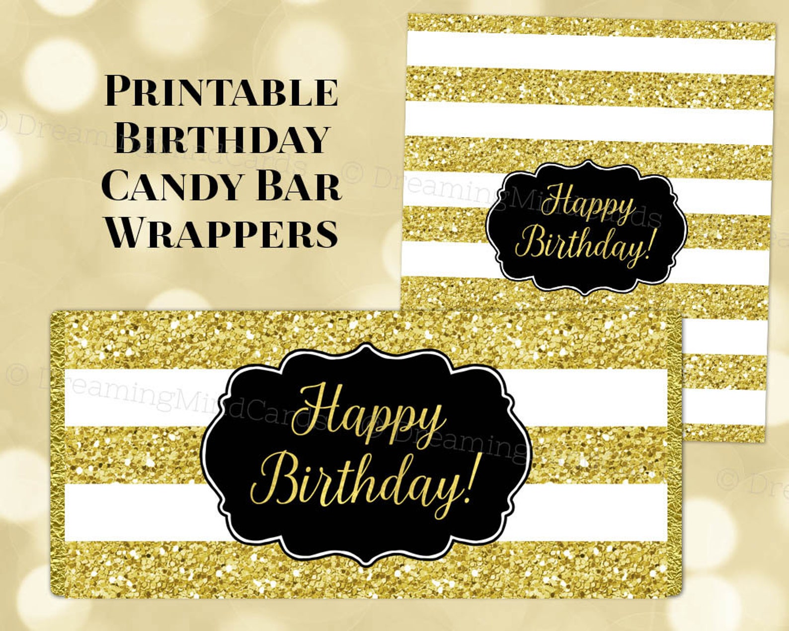 Printable Candy Bar Wrapper Happy Birthday Gold Stripes Black | Etsy