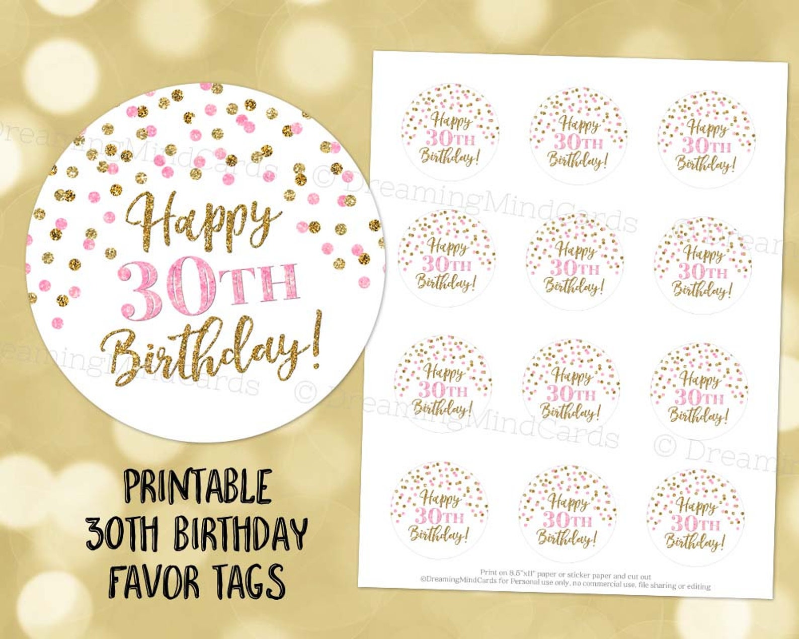 Printable Happy 30th Birthday Round Tags Pink Gold Confetti | Etsy