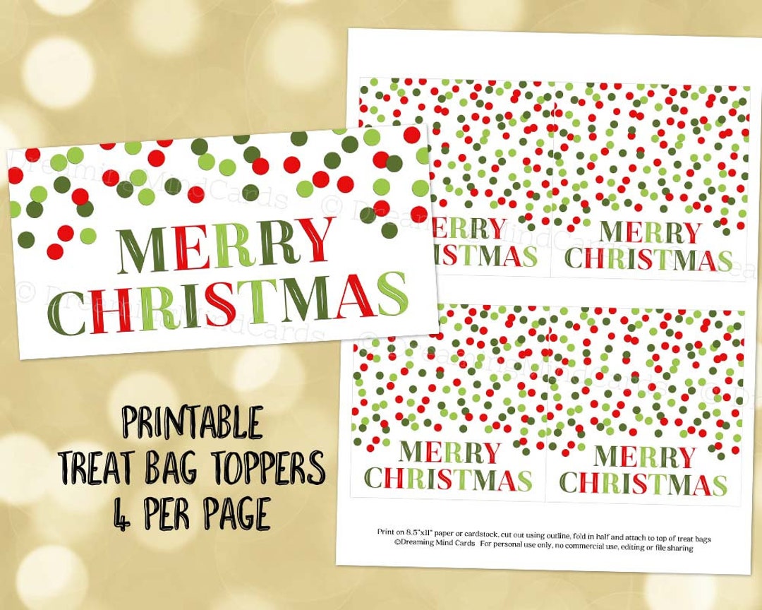 Printable Merry Christmas Holiday Treat Bag Toppers Red Green Confetti ...