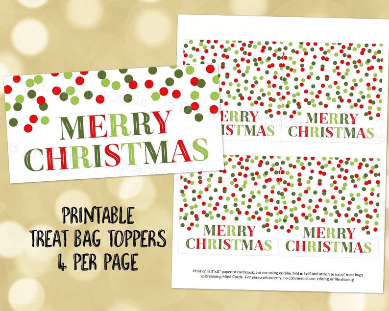 Printable Merry Christmas Holiday Treat Bag Toppers Red Green Confetti ...