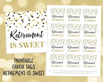 Printable Happy Retirement Favor Tags Gold Black Confetti | Etsy