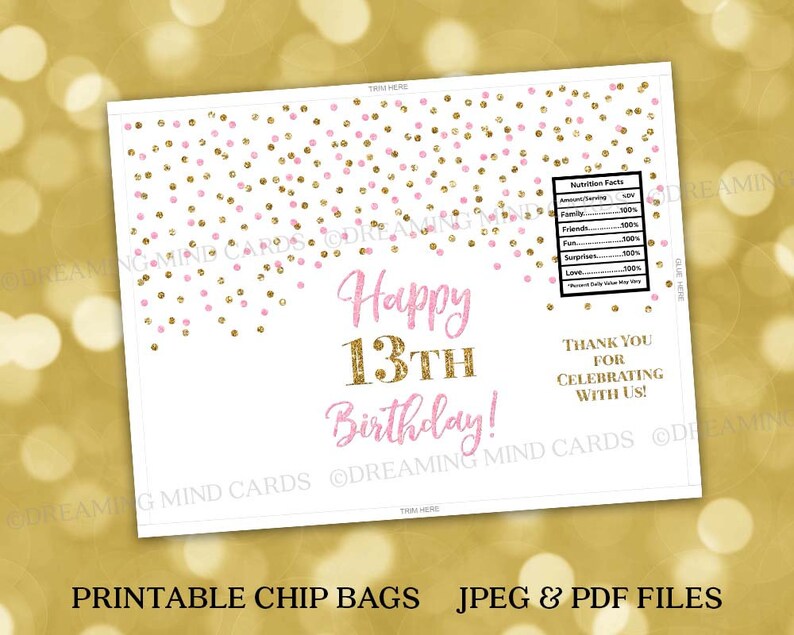 Printable Mini Chip Bag Happy 13th Birthday Light Pink Gold Confetti ...