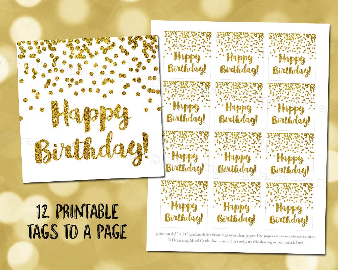 Printable Happy Birthday Favor Tags Gold Glitter Confetti Birthday ...