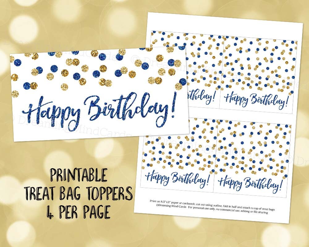 Printable Happy Birthday Treat Bag Toppers Blue Gold Glitter | Etsy