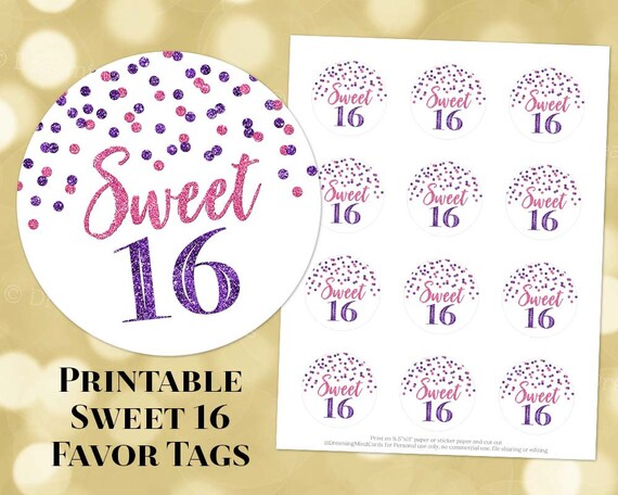 Printable Sweet 16 Birthday Party Round Tags Purple and Hot - Etsy