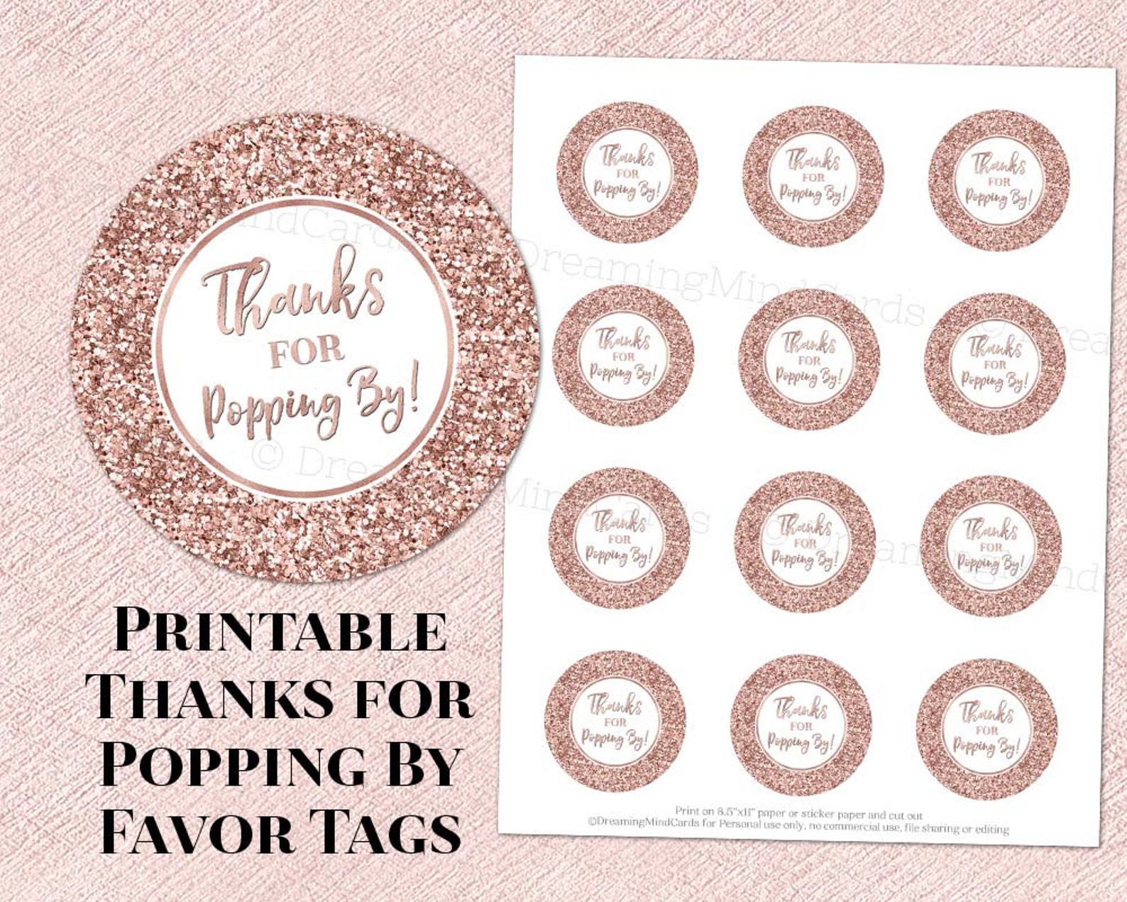 Printable Thanks for Popping by Round Favor Tags Rose Gold Glitter Baby ...