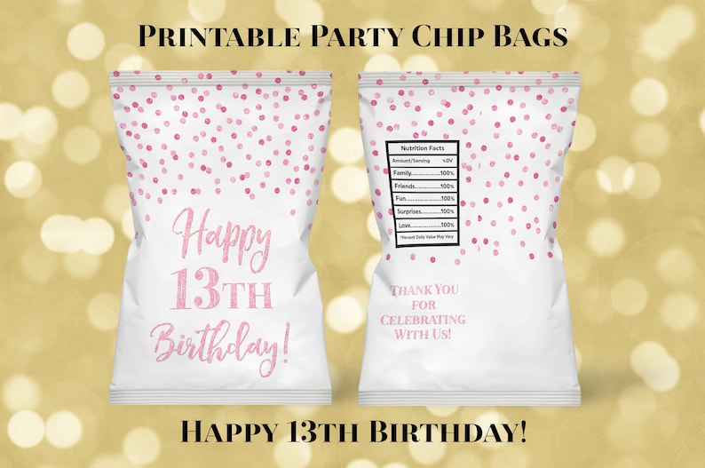 Printable Mini Chip Bag Happy 13th Birthday Pink Confetti Digital ...