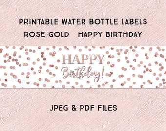 Printable Water Bottle Labels Happy Birthday Light Pink Gold Confetti ...