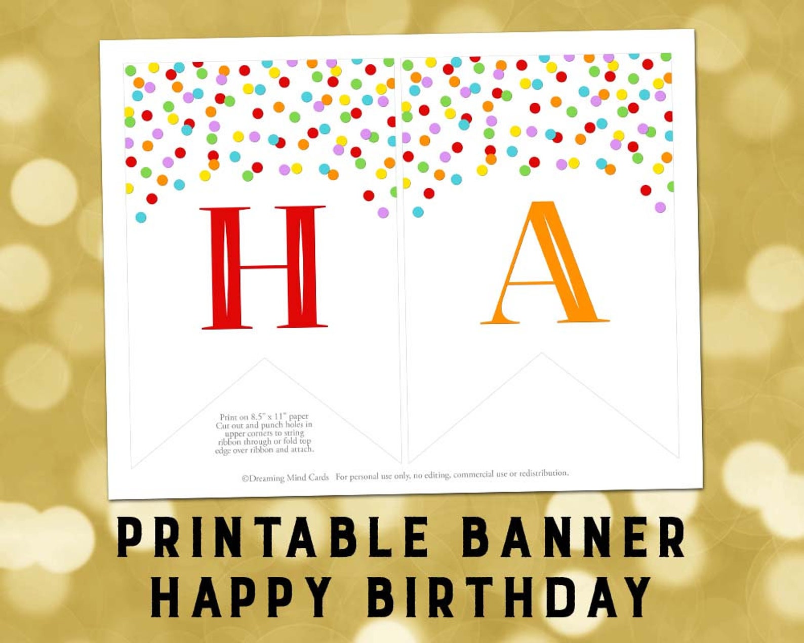 Printable Happy Birthday Banner Rainbow Confetti Bunting Instant ...