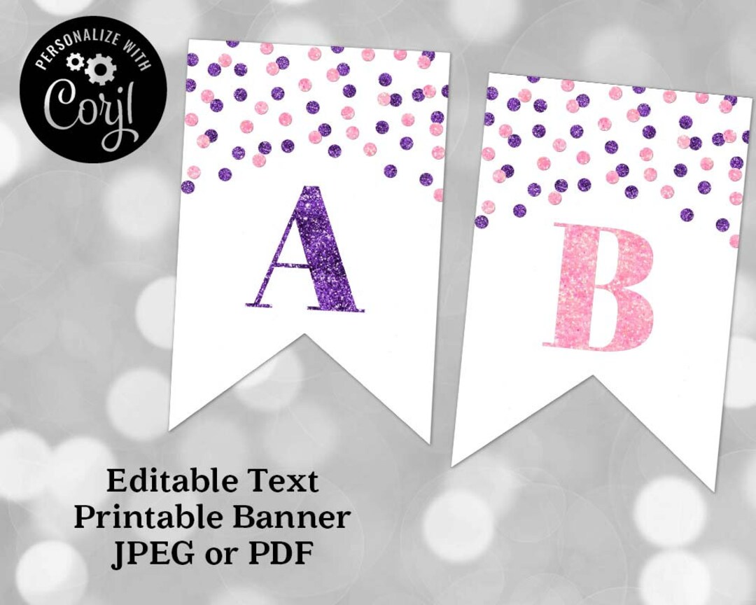 Printable Editable Text Banner Pink and Purple Confetti Digital ...