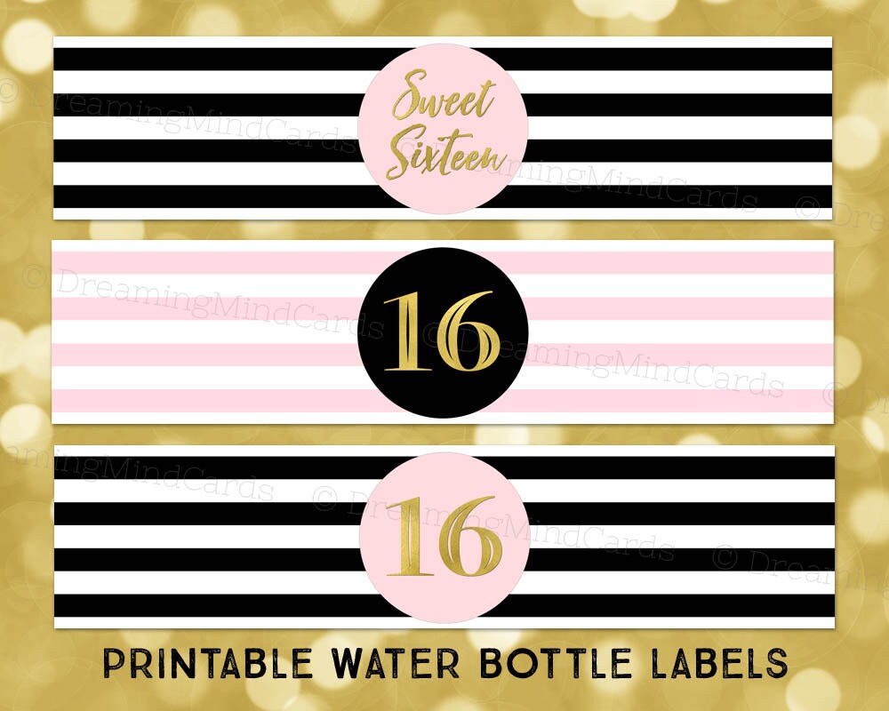Printable Water Bottle Labels Sweet 16 Birthday Party Black - Etsy