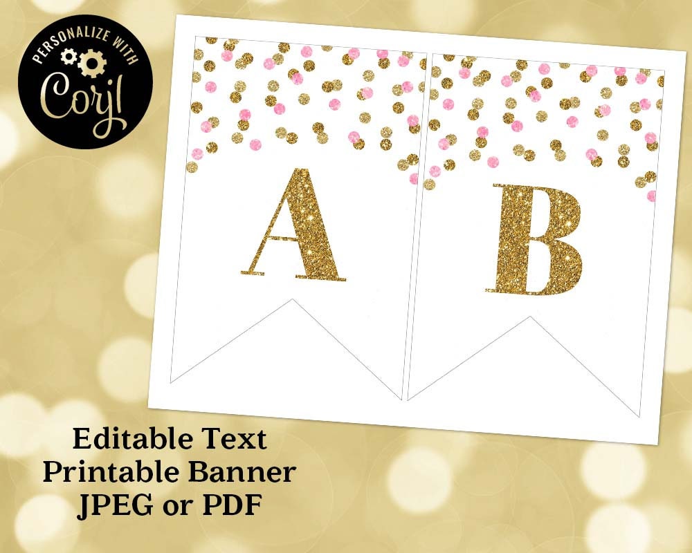 Printable Editable Text Banner Pink and Gold Confetti Digital - Etsy Canada