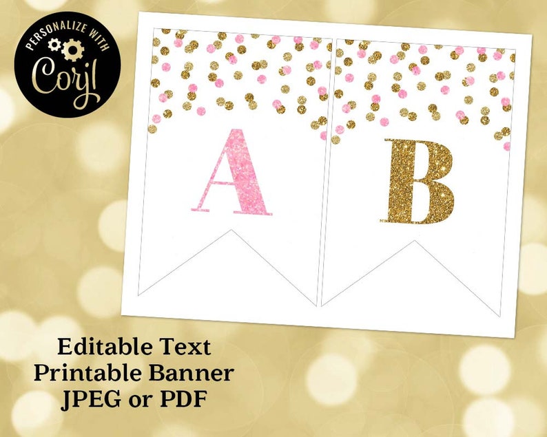 Printable Editable Text Banner Pink and Gold Confetti Digital Download ...