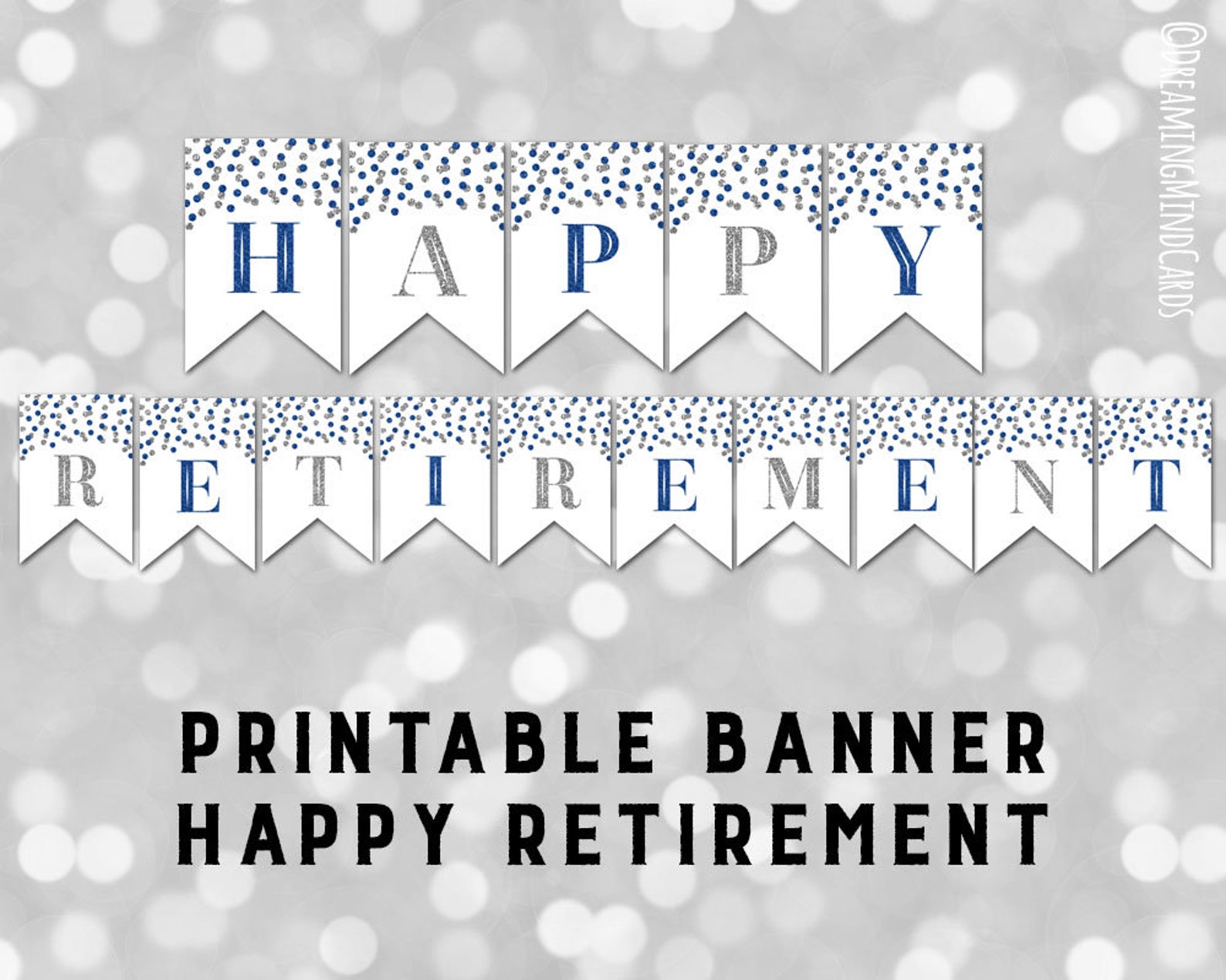 Printable Happy Retirement Banner Dark Blue Silver Confetti | Etsy