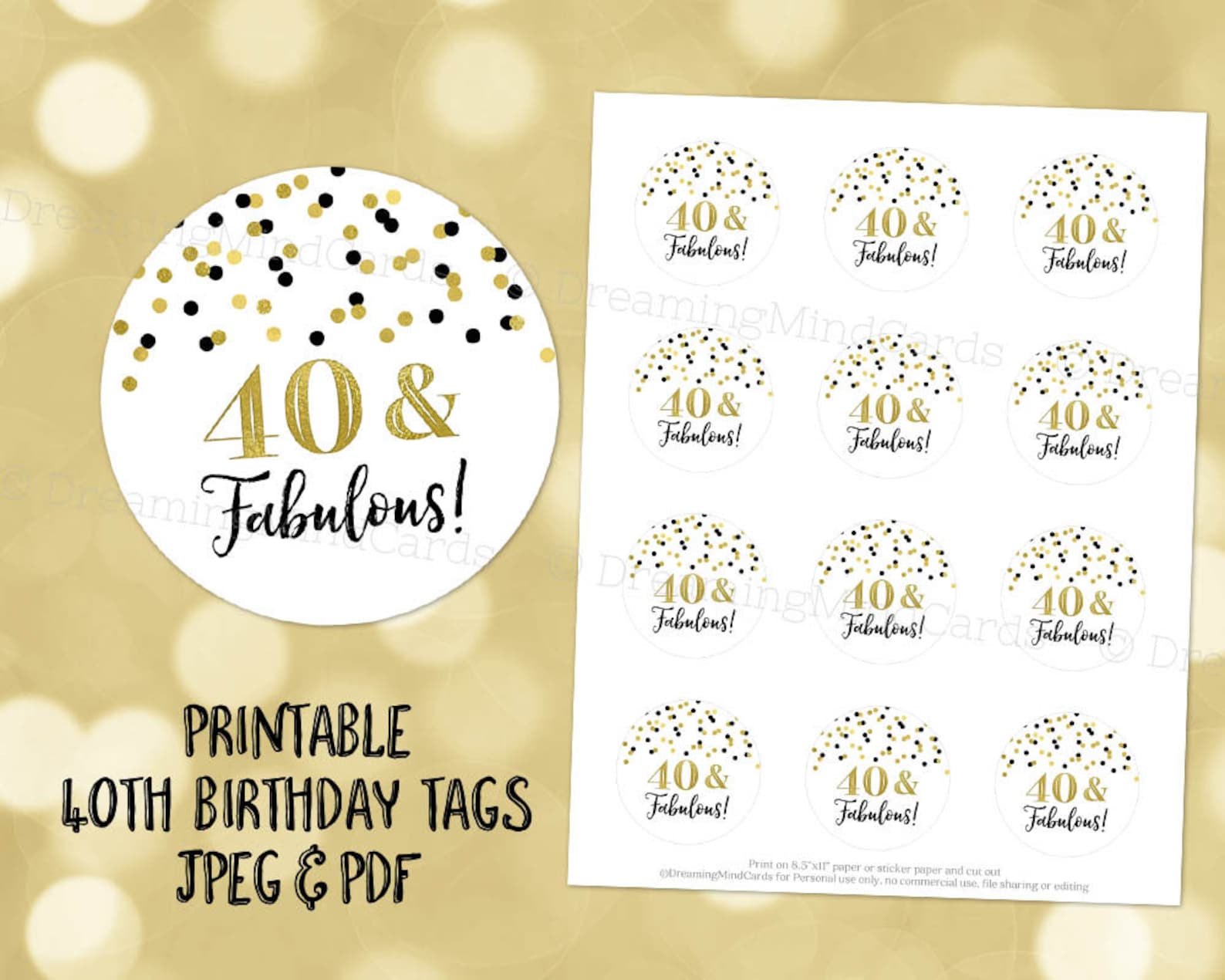 Printable 40 and Fabulous 40th Birthday Round Tags Black and | Etsy